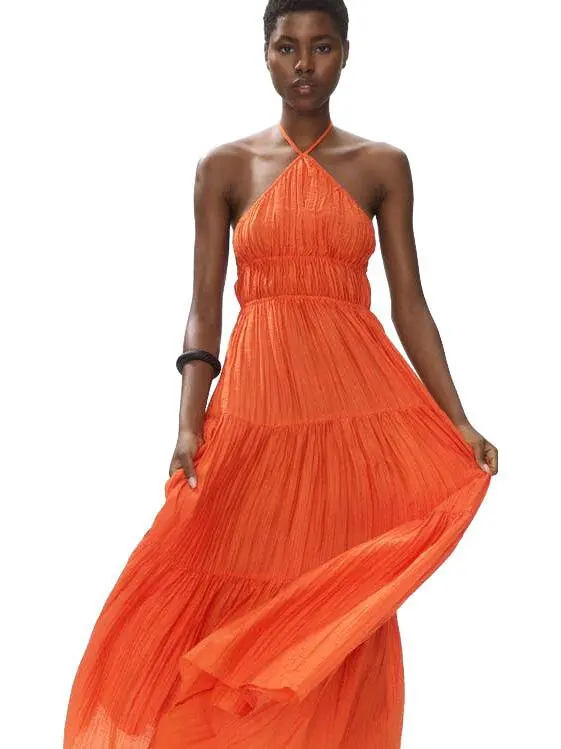 H&m Tiered Halterneck Maxi Dress With Tasseled Ties - Bright Orange