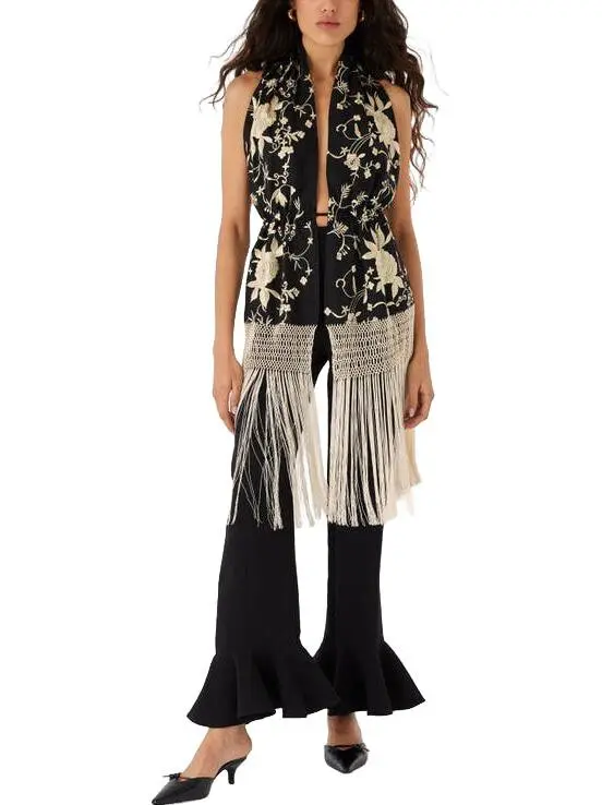 SEÑORITA Rocío Embroidered Silk Fringe Top - Black