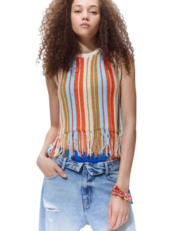 H&m Sleeveless Textured Knit Top With Fringe Hem - Orange/striped