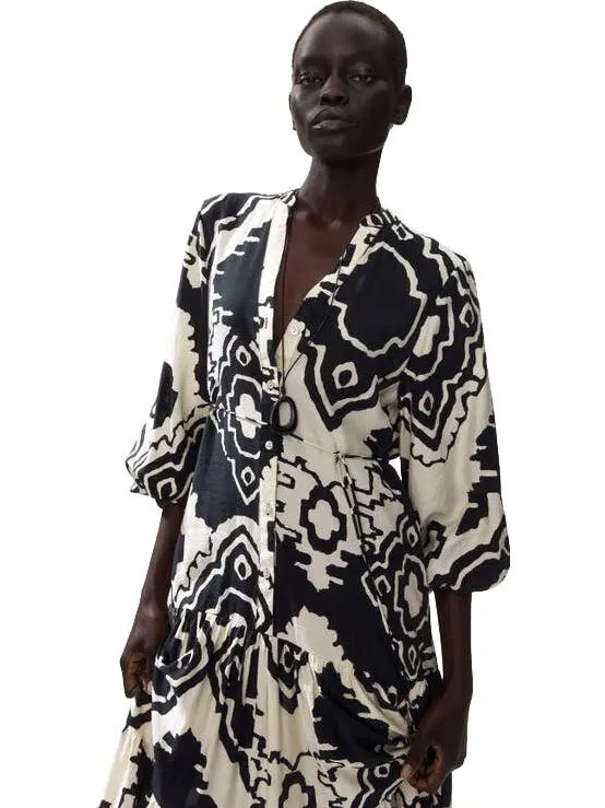 H&m Printed Tiered Maxi Dress With Balloon Sleeves - Black/patterned
