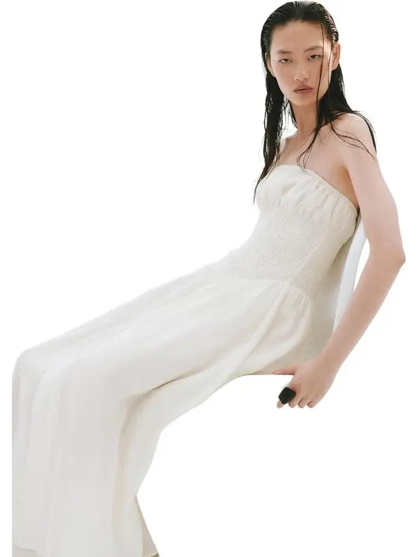 H&m Strapless Smocked Waist Midi Dress - Cream