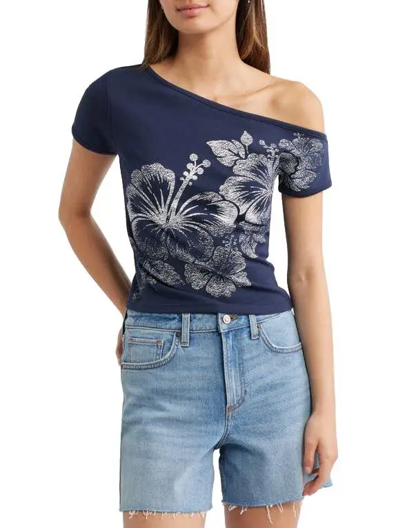 PACSUN Hibiscus One Shoulder Graphic Top - Navy
