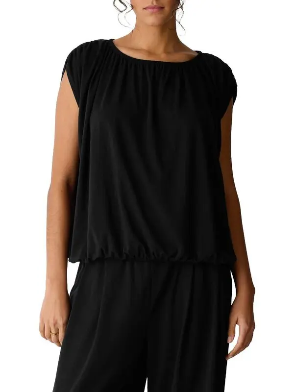 Eileen Fisher Boat Neck Top With Cap Sleeves And Elasticated Hem - Black