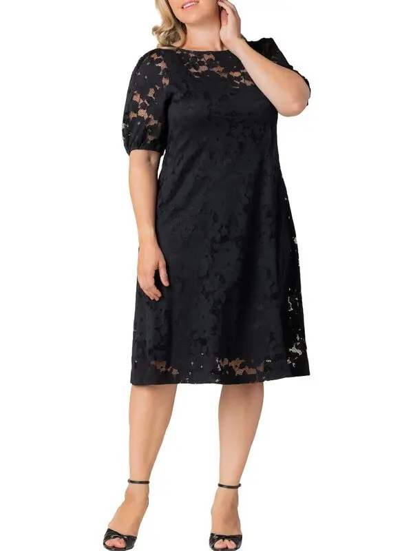 KIYONNA Emma Floral Lace Cocktail Midi Dress - Onyx