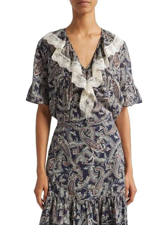 Veronica Beard Pamelis Paisley Ruffle Lace Trim Top - Navy Multi