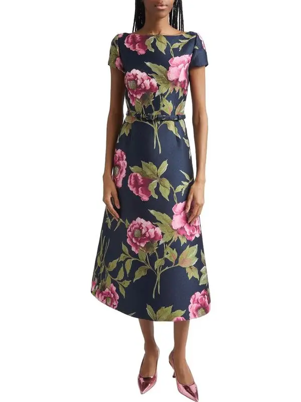 Carolina Herrera Peony Jacquard Belted Midi Dress - Midnight Multi