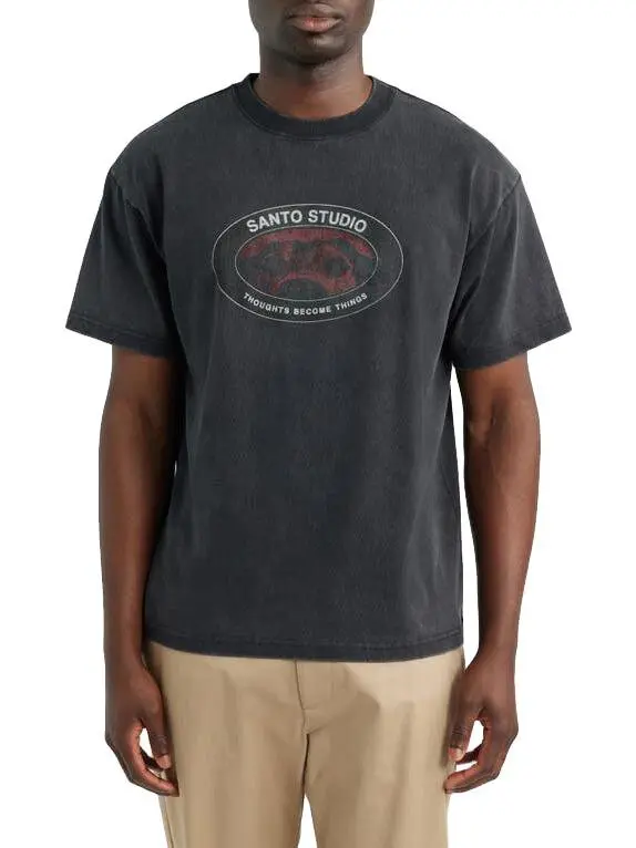 SANTO STUDIO Circle Dog Eyes Badge Cotton Graphic T-shirt - Black Fade