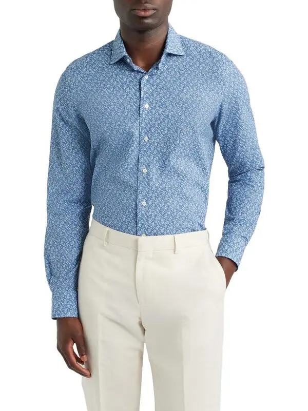 EMANUEL BERG Modern Fit Floral Cotton Seersucker Dress Shirt - Medium Blue