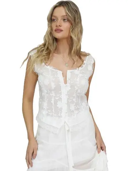 BELLE & BLOOM Future Lover Sheer Lace Button Up Blouse - White