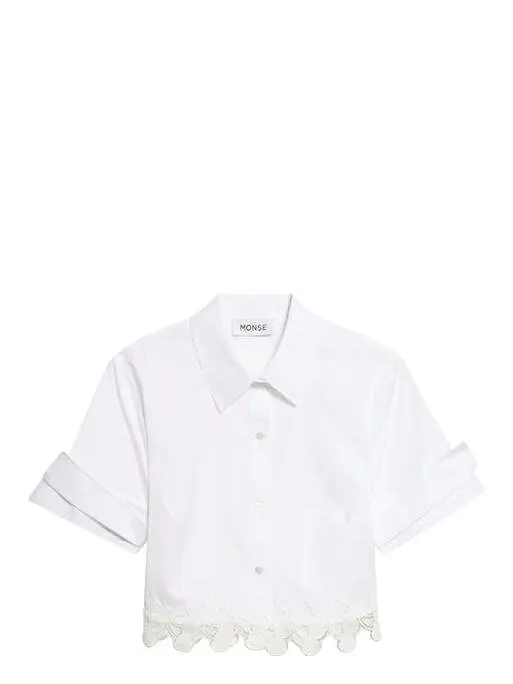 Monse Cropped Stretch Cotton Shirt With Cherry Lace Hem - White