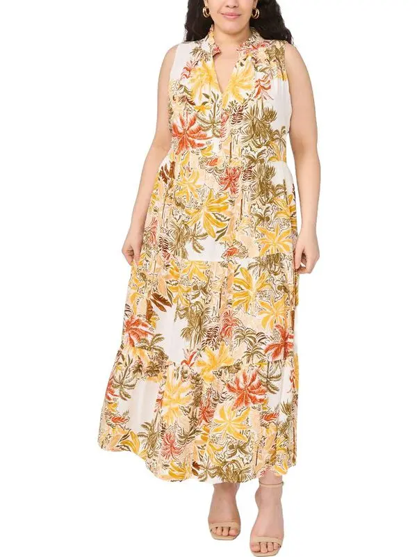 Vince Camuto Tropical Print Split Neck Tiered Maxi Dress - Wallflower