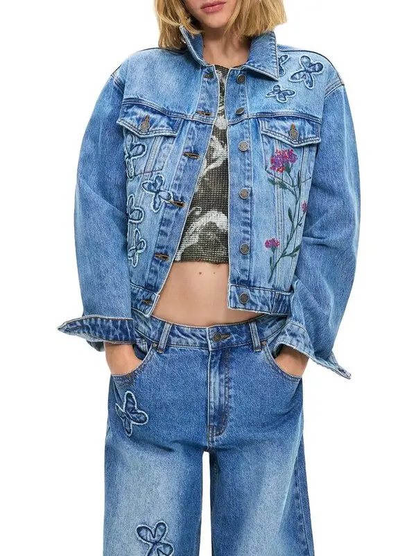 Desigual Embroidered Detail Denim Trucker Jacket - Medium Blue