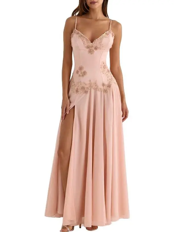 House Of Cb Saloma Satin Georgette Gown - Blush