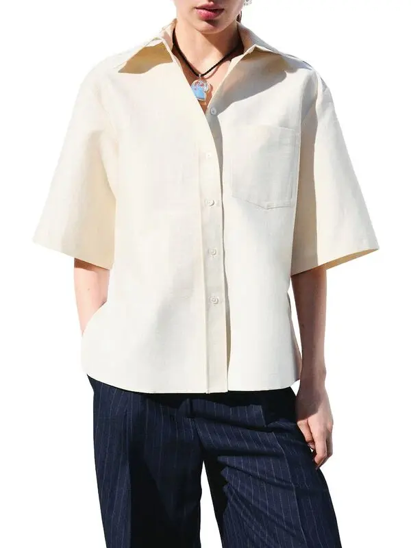 Mango Cotton Blend Tie Back Button-up Shirt - Beige