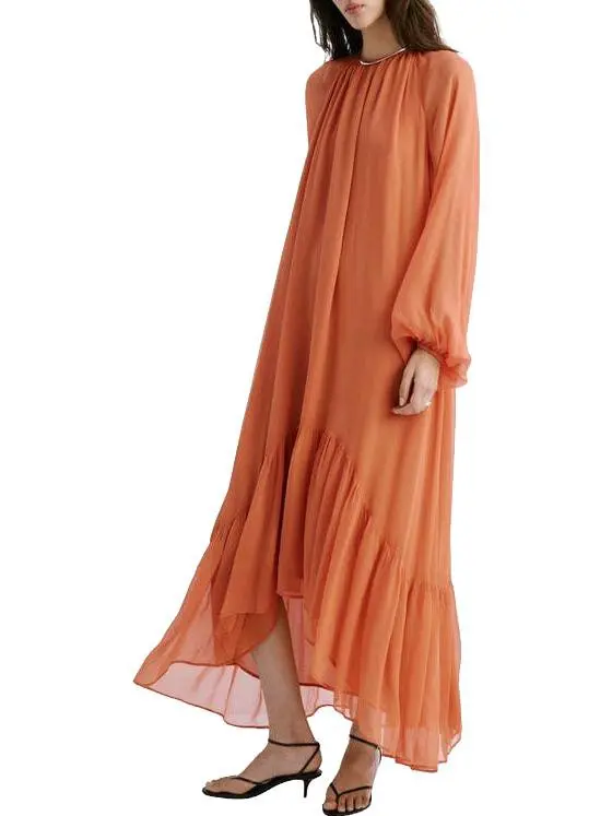 Mango Ruffled Flowy Chiffon Maxi Dress - Orange