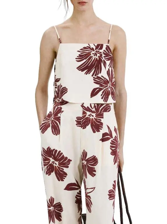 Mango Tropical Floral Print Square Neck Spaghetti Strap Tank Top - Ecru