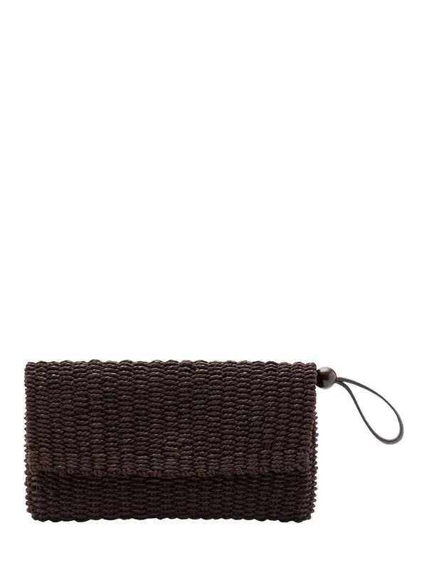 Mango Woven Raffia Pouch With Beaded Wristlet - Chocolate