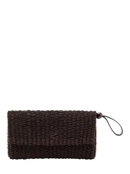 Mango Woven Raffia Pouch With Beaded Wristlet - Chocolate
