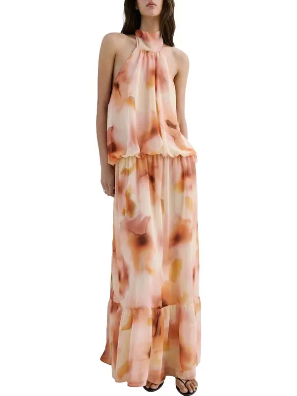 Mango Abstract Print Halter Maxi Dress - Peach
