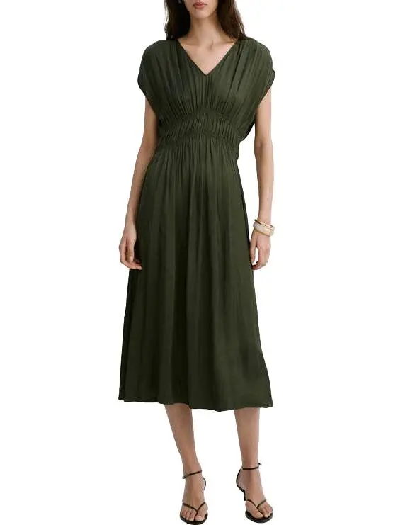 Mango Gathered Waist V-neck Midi Dress - Khaki