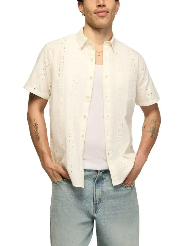 Lucky Brand San Gabriel Short Sleeve Cotton Eyelet Button-up Shirt - Tofu