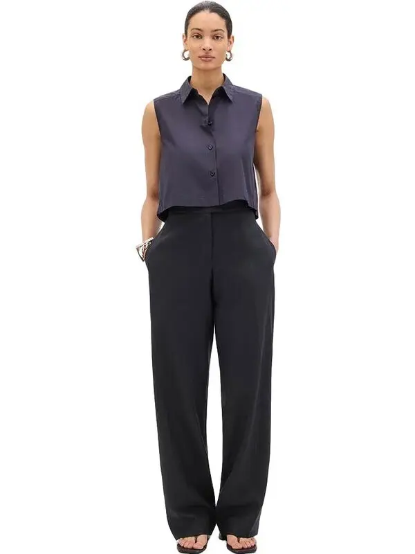 Another Tomorrow Cropped Sleeveless Shirt In Organic Cotton - Midnight