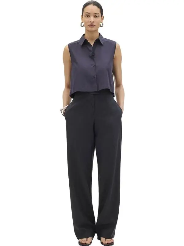 Another Tomorrow Sleeveless Cropped Shirt In Organic Cotton - Midnight