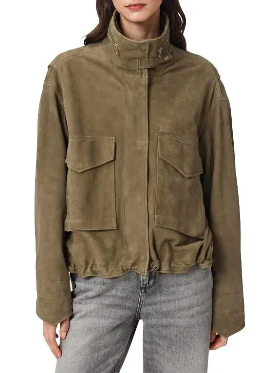 ALLSAINTS Clay Suede Jacket With Stand Collar And Drawstring Hem - Olive Green