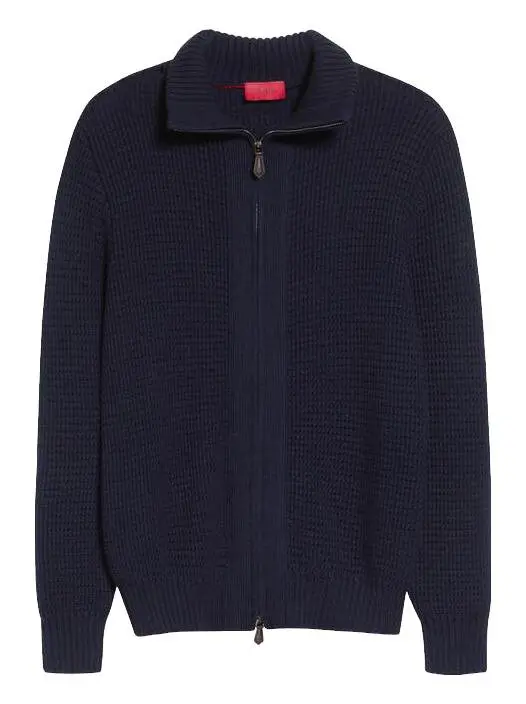 Isaia Wool Zip-up Bomber Cardigan - Navy