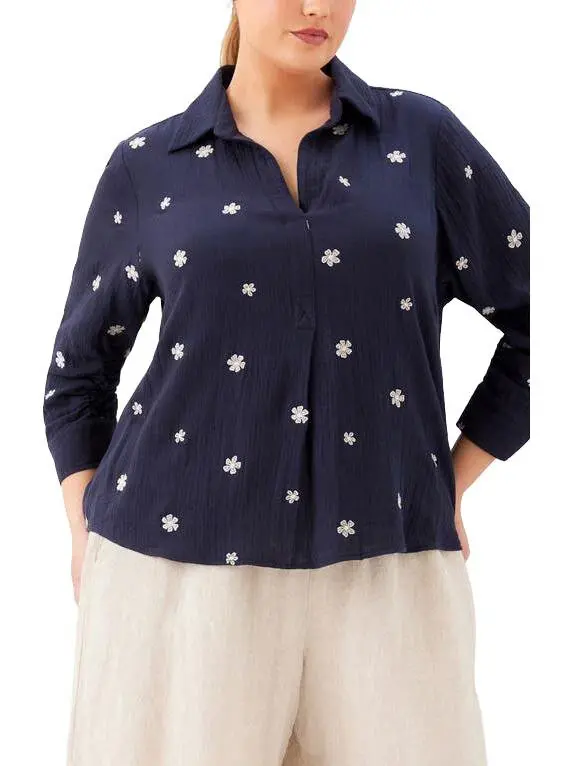 Karen Kane Embroidered Ruched Sleeve Shirt - Navy