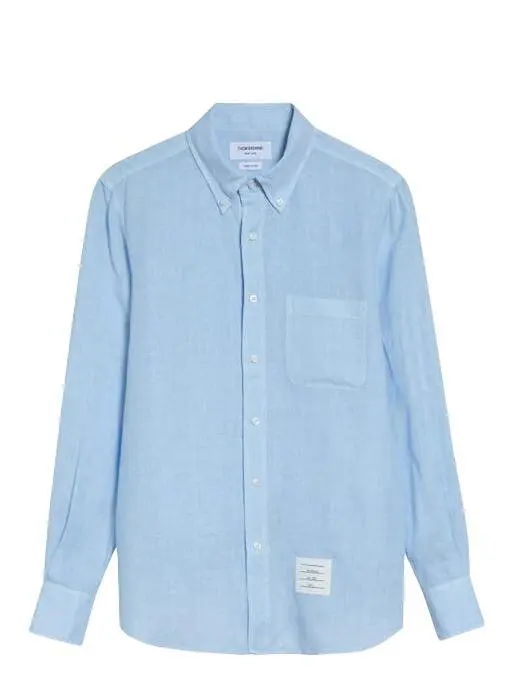 Thom Browne Straight Fit Garment Dye Linen Button-down Shirt - Light Blue