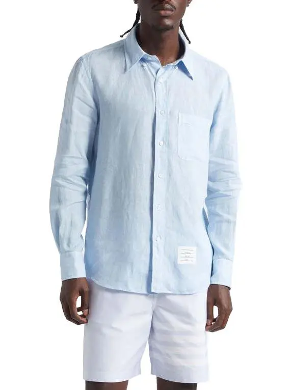 Thom Browne Straight Fit Garment Dye Linen Button-down Shirt - Light Blue