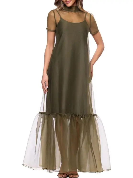 XSCAPE EVENINGS Sheer Organza Overlay Gown - Olive
