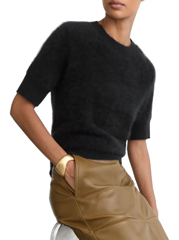 REISS Julia 100% Brushed Cashmere Short-sleeve Top - Black