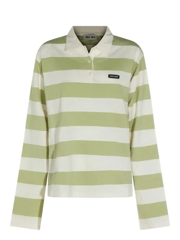 Miu Miu Striped Cotton Long Sleeve Polo Shirt - Green