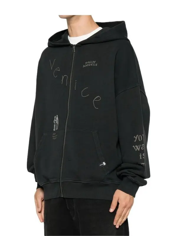 Palm Angels Full Zip Hooded Sweatshirt With Graphic Details - Black