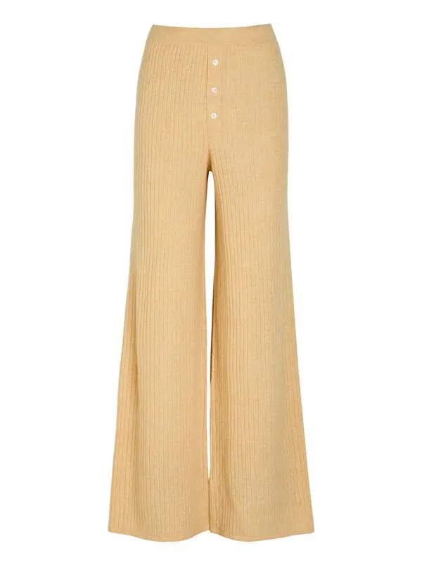 Guest In Residence Wide-leg Ribbed Cashmere And Linen-blend Trousers - Yellow