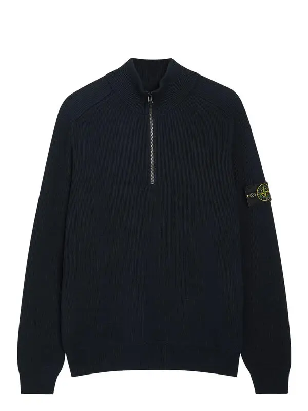 Stone Island Half-zip Ribbed Cotton-knit Jumper With Appliqu - Navy