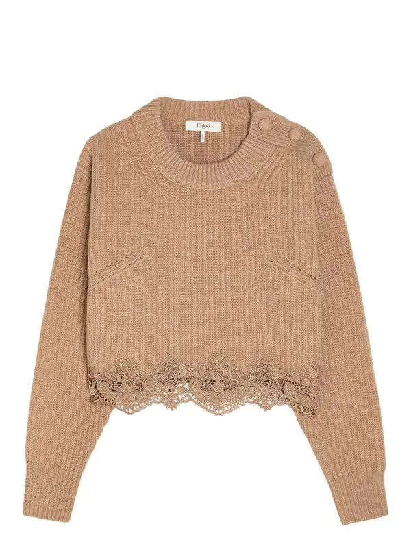 Chloé Wool And Cashmere-blend Jumper With Lace Trim - Brown
