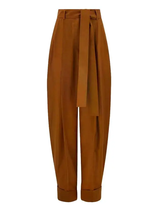 FERRAGAMO Barrel Leg High Waisted Virgin Wool Trousers - Brown