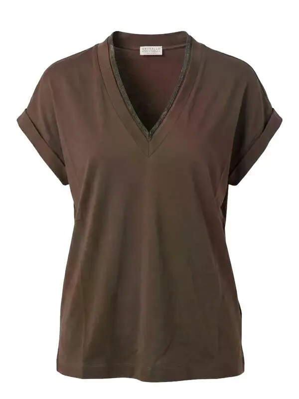 Brunello Cucinelli Monili Trim V-neck T-shirt - Brown