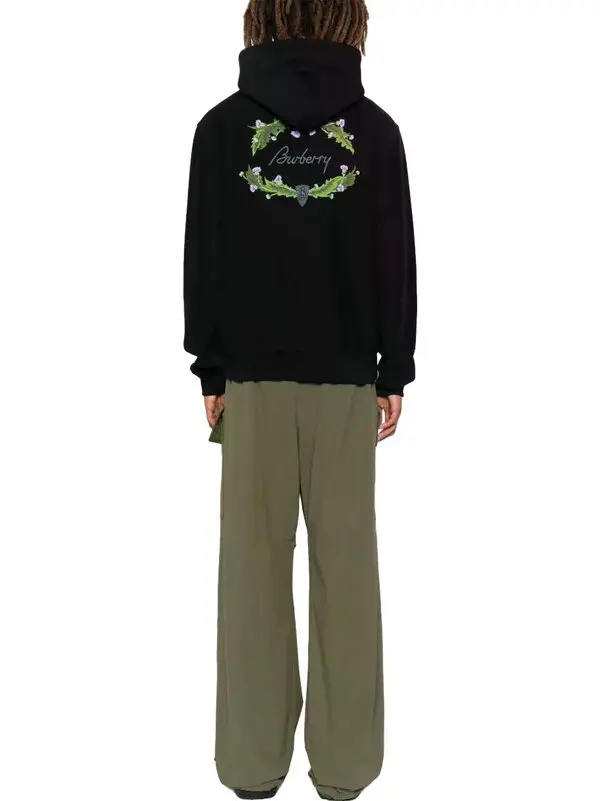 Burberry Logo Embroidered Zip Hoodie - Black