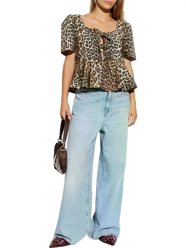 GANNI Leopard-print Puff Sleeve Peplum Blouse - Neutrals