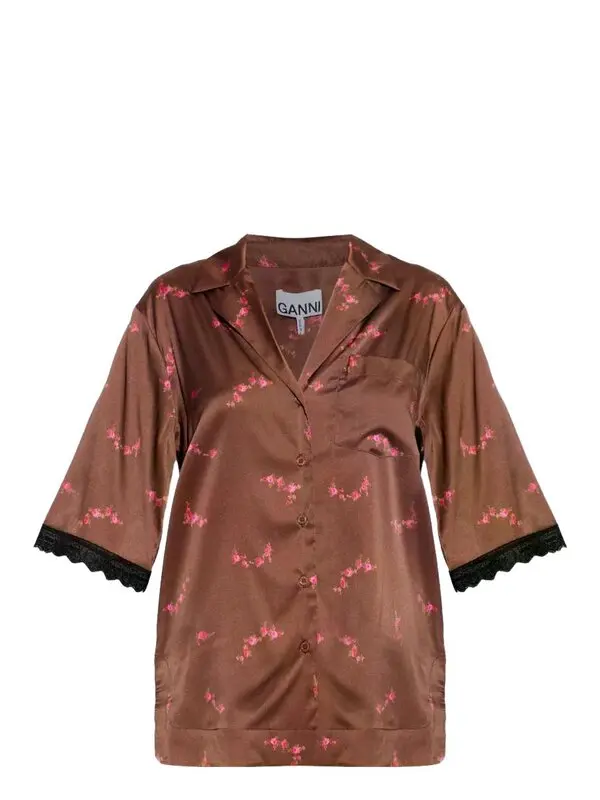 GANNI Floral Print Lace Trim Shirt - Brown