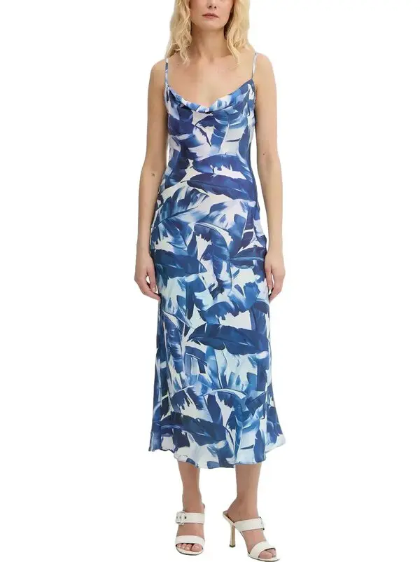 Guess Leaf-print Cowl Neck Midi Dress - Blue