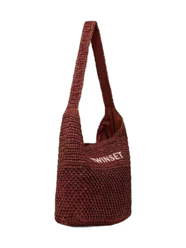 TWINSET Logo Embroidered Woven Shoulder Bag - Brown