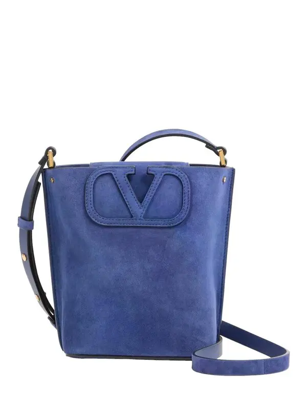 Valentino Garavani Small Suede Bucket Bag With Embossed Vlogo - Blue