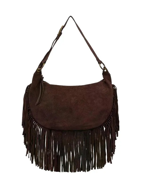 VICOLO Fringe Trim Suede Shoulder Bag - Brown
