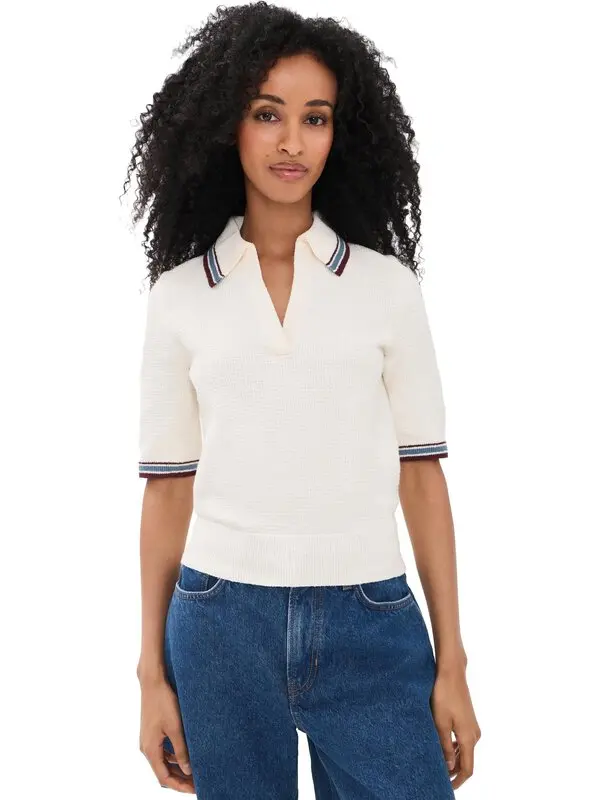 Veronica Beard Quennelle Knit Polo With Ribbed Trim - Ecru