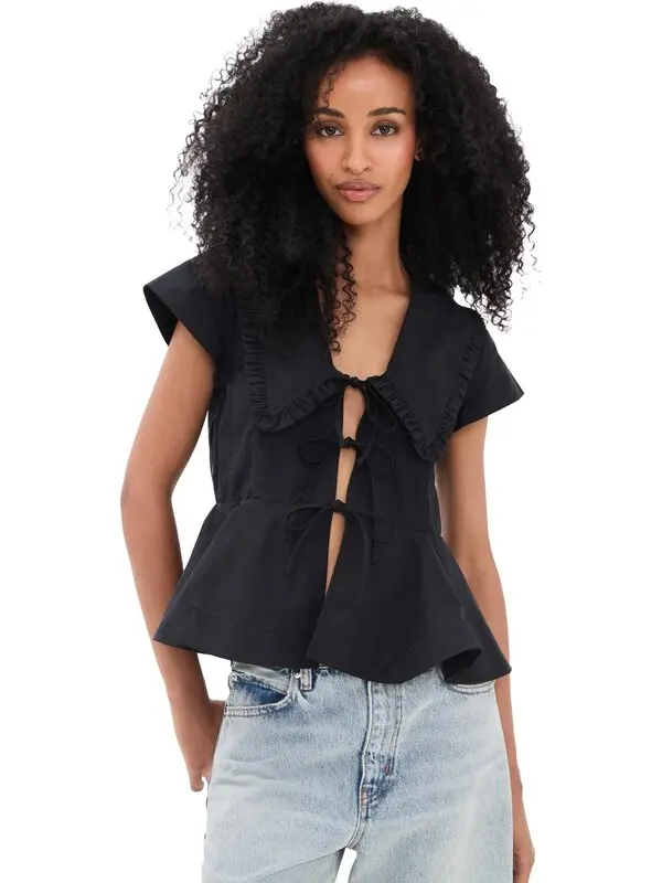 GANNI Regenerative Cotton Poplin Blouse With Ruffled Trim - Black